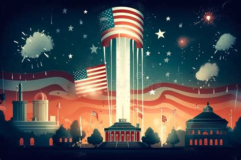 Illustration Of Big Usa Over Us Capitol And Fireworks In Sky