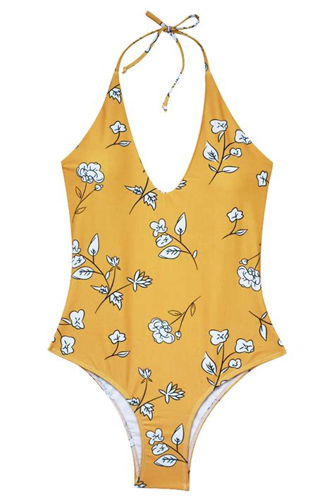 Iyasson Sweet Floral Printing Deep V Neck Halter One Piece Swimsuit