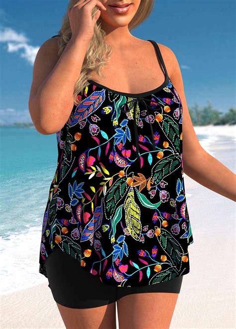 Leaf Print Plus Size Black Tankini Top Rosewe USD
