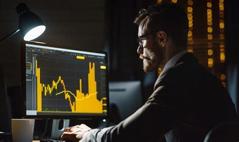 a man working on a computer with a graph showing the financial graphs