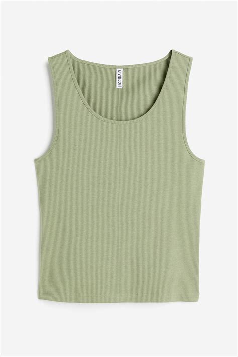 Handm Ribbed Cotton Tank Top Light Khaki Green Ladies Handm Us