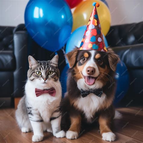 Premium Ai Image Cat And Dog In Birthday Hats Looking At Camera