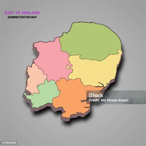 3d 렌더링 잉글랜드 동부의 고품질 개요 지도는 의식 카운티의 경계와 다른 색상이 있는 잉글랜드의 한 지역입니다 0명에 대한