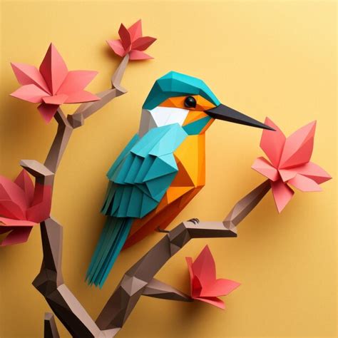 Premium Photo Kingfisher Polygon Paper Craft On Tree Branch Diy