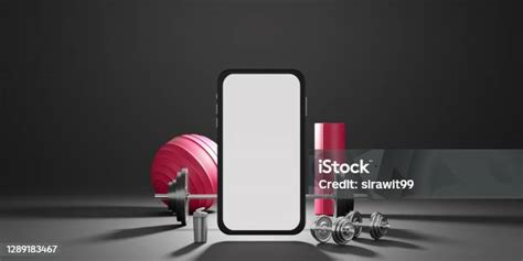 스포츠 피트니스 장비 흰색 화면 모바일 모형 빨간 요가 매트 적합 공 물 병 검은 배경 에 아령 바벨 3d 렌더링 덤벨에 대한 스톡 사진 및 기타 이미지 Istock