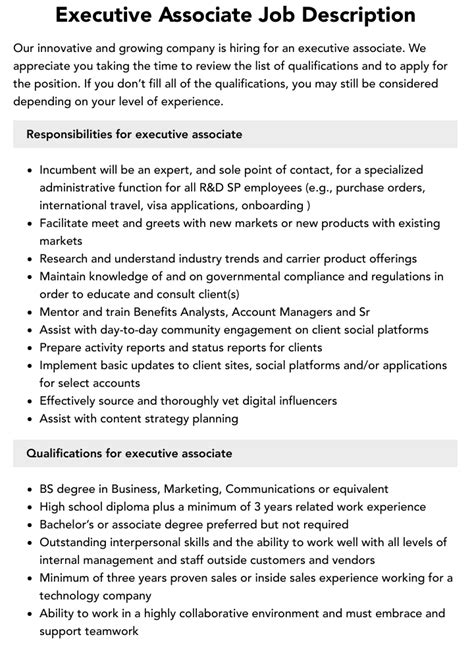 Executive Associate Job Description Velvet Jobs