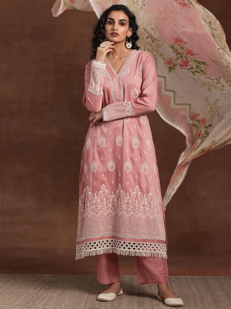 Buy Pink Embroidered Silk Blend Straight Suit With Dupatta Online At Rs