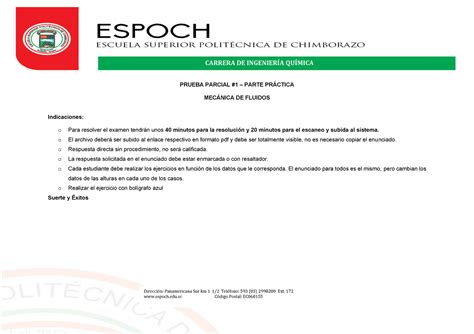 Prueba Primer Parcial Carrera De IngenierÍa QuÍmica Dirección