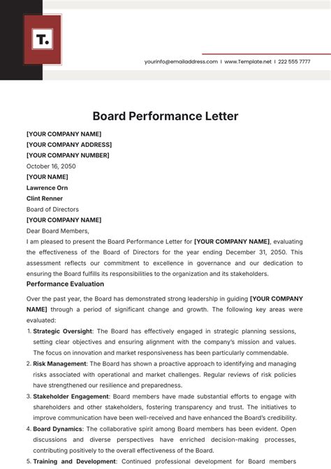 Free Board Performance Letter Template To Edit Online
