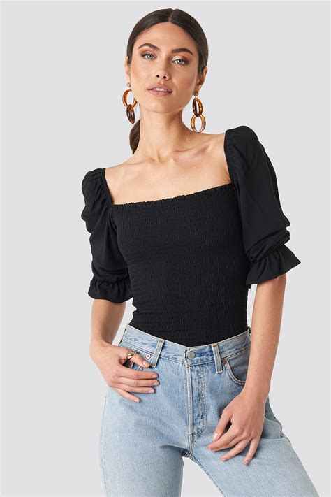 Puff Sleeves Shirring Top Black Na
