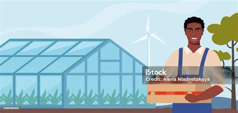 흑인 농부가 토마토 상자를 손에 들고 온실 근처에 서 있습니다 농업 식물 재배 농업 원예 또는 농업 경제학을 위한 디자인 배너 포스터 전단지에 대한 템플릿입니다 벡터 남자에