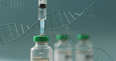 Syringe Drawing Liquid From Vial With Dna Strands Animation Over