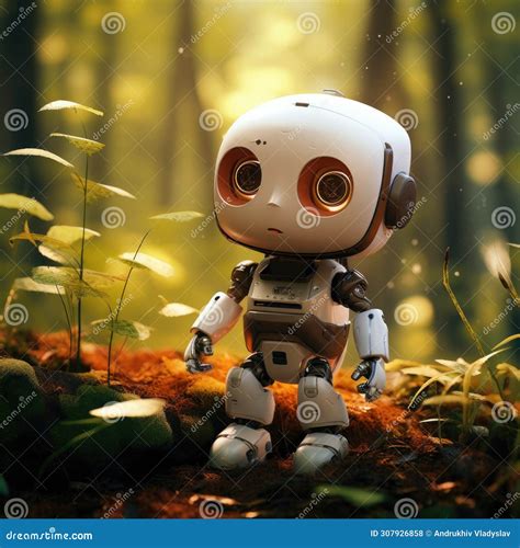 Cute And Little Robot Helper With Artificial Intelligence In The Forest Stock Illustration