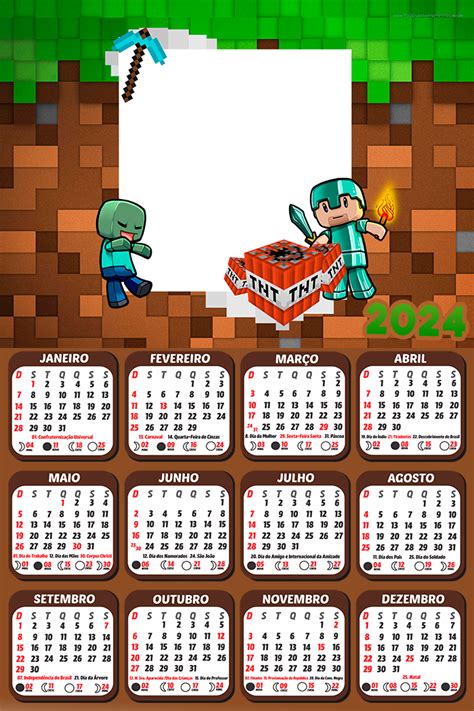 Calendário Minecraft Pocket Edition 2024 Moldura Png Digital Grátis