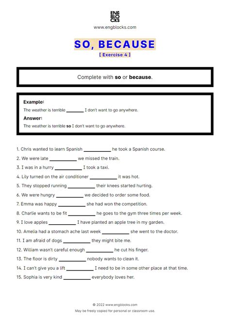 So And Because — Exercise 4 Esl Worksheets