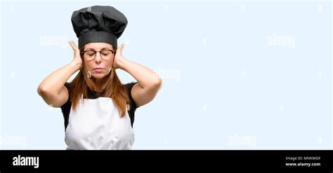 Middle Age Cook Woman Wearing Chef Apron Covering Ears Ignoring