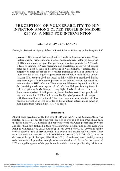 Pdf Perception Of Vulnerability To Hiv Infection Among Older People