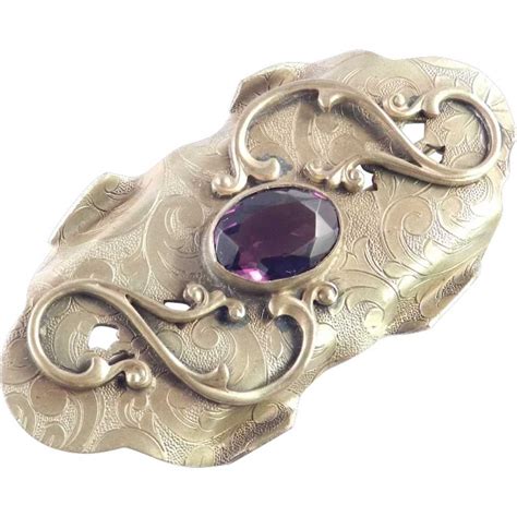 Victorian Embossed Brass Sash Brooch Pin Glass Faux A Gem