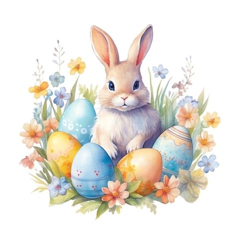 Premium Photo Cute Vintage Easter Bunny With Basket Eggs And Flowers