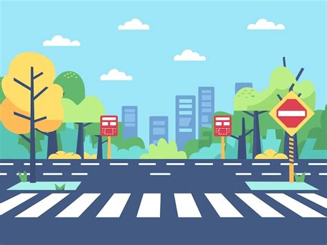 Cartoon Cityscape Vector Illustration Zebra Crossing Traffic Lights