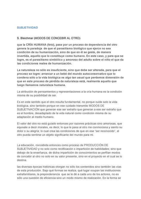 Conceptos Psico SUBJETIVIDAD S Bleichmar MODOS DE CONCEBIR AL OTRO