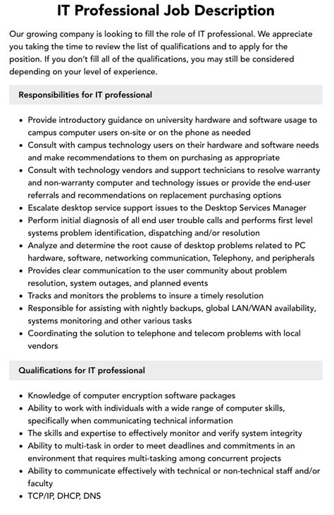 It Professional Job Description Velvet Jobs