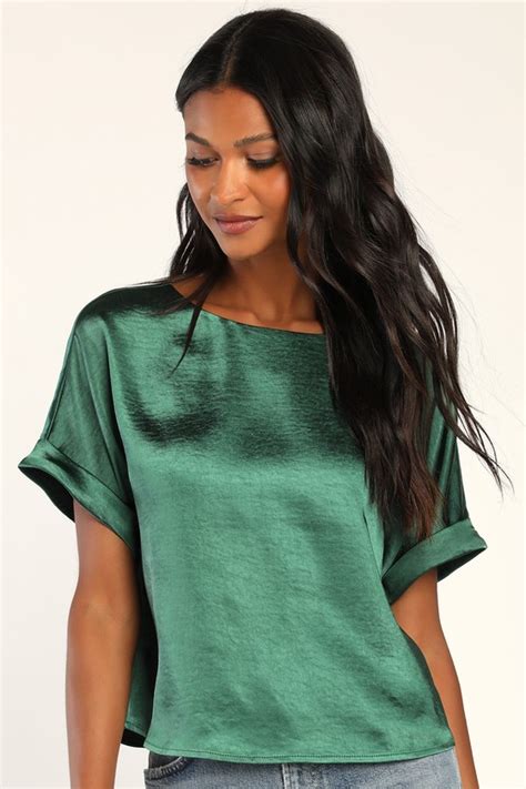 Green Satin Top Short Sleeve Satin Shirt Short Sleeve Top Lulus