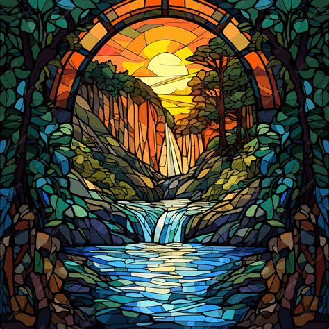 Premium Vector Landscape Stained Glass Background Nature Design