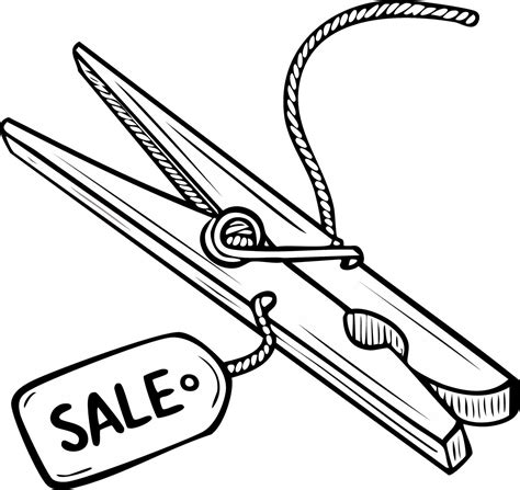 Hand Drawn Clothespin Clip Holding A Sale Tag Black And White Retail