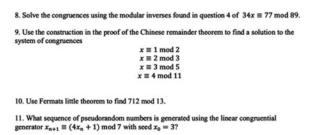 Solved Solve The Congruences Using The Modular Inverses Chegg