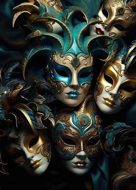 a group of masks with different expressions and costumes stock image
