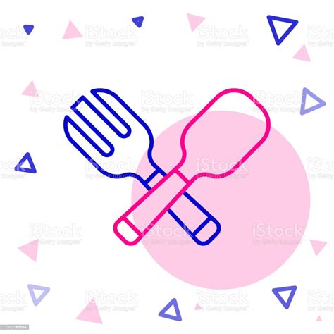 흰색 배경에 격리 된 포크와 숟가락 아이콘을 교차 선 조리 기구 칼 붙이 기호 다채로운 개요 개념 벡터 그릇에 대한 스톡 벡터 아트 및 기타 이미지 Istock