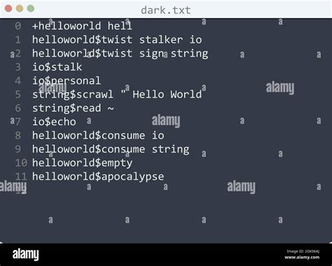 dark language hello world program sample in editor window illustration