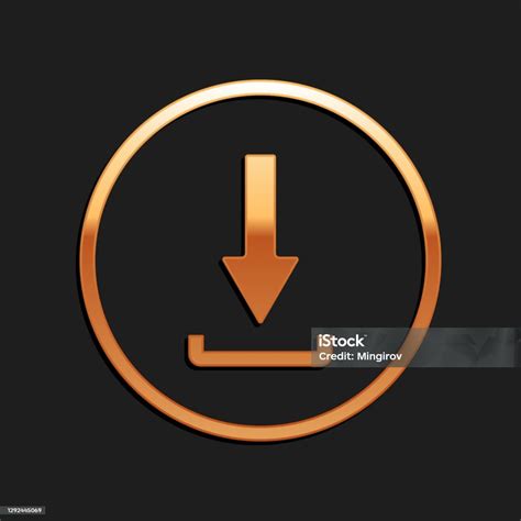 검은 색 배경에 격리 된 골드 다운로드 아이콘 업로드 버튼입니다 로드 기호입니다 화살표가 아래로 가리킵니다 긴 그림자 스타일 벡터 Crash Site에 대한 스톡 벡터 아트