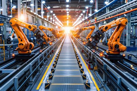 Robotic Arms In An Automated Factory S Production Line For Efficient Manufacturing Stock
