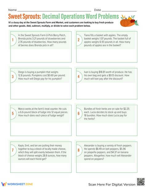 Sweet Sprouts Decimal Operations Word Problems Worksheet