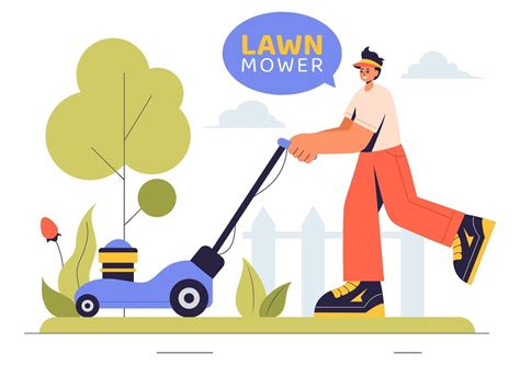 Art Of Lawn Mower Cutting Grass And Landscaping In Cartoon Style 52260456 Vector Art At Vecteezy