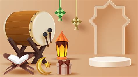 이슬람 전시 연단 장식 배경과 이슬람 장식 벡터 3d 일러스트레이션 Eid Mubarak에 대한 스톡 벡터 아트 및 기타 이미지