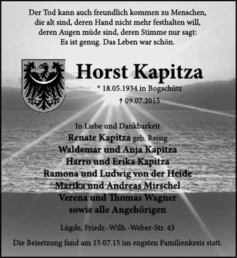 Traueranzeigen Von Horst Kapitza Trauerportal Ihrer Tageszeitung