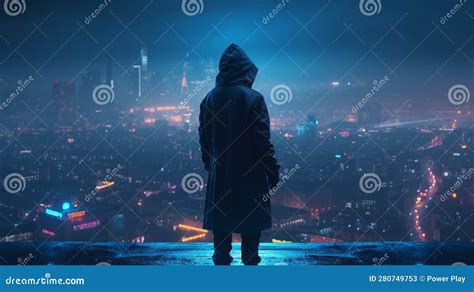 Hooded Hacker Standing On Illuminated City Background Hacking Concept Generative Ai Stock
