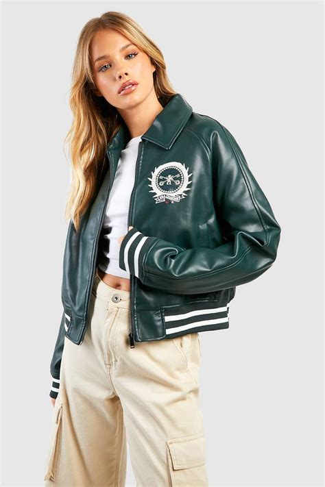 Oversized Embroidered Usa Faux Leather Bomber Boohoo Usa
