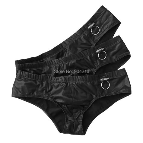 3pcs Men Sexy Underwear Black Faux Leather Briefs Mens Skinny Big Pouch Briefs Panties Sexy Low