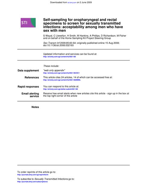 Pdf Self Sampling For Oropharyngeal And Rectal Specimens To Screen For Sexually Transmitted