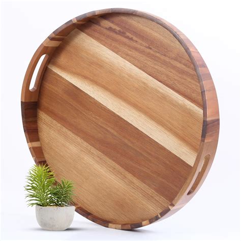 Big Round Wood Serving Tray Large 20inch Smooth Wave Curves Wall