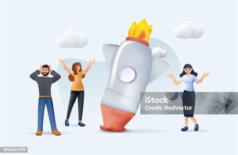로켓과 충돌 세트 벡터 그래픽 일러스트 레이 션 3d에 상단을 움직이는 다양 한 만화 사람들 팀 실패 벤더 크러시 충돌 사고에