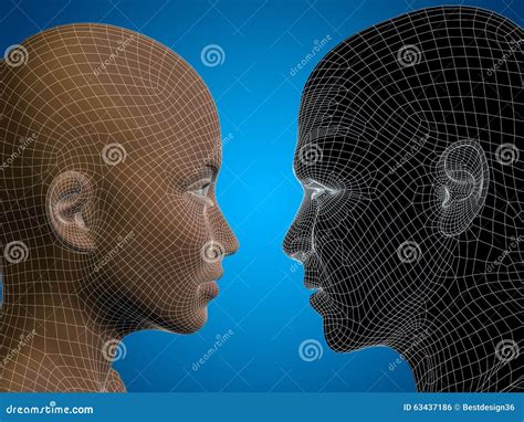 Conceptual 3d Wireframe Or Mesh Human Male And Female Head Stock