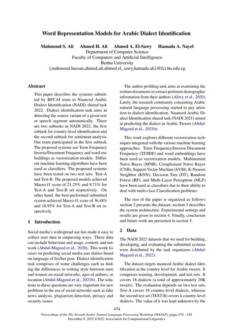 Pdf Word Representation Models For Arabic Dialect Identification