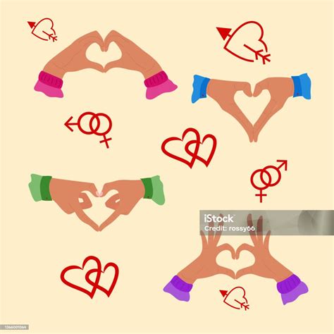 발렌타인 데이 디자인 심장 남성 여성 기호 표지판과 인간의 손 장식 축제 개체 손으로 그린 고양이 캐릭터 휴일 배너 전단지
