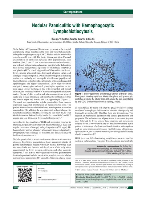 Pdf Nodular Panniculitis With Hemophagocytic Lymphohistiocytosis