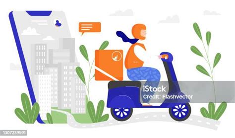 배달 서비스 전화 화면과 피자를 배달하는 청년 택배에 도시 풍경 개념에 대한 스톡 벡터 아트 및 기타 이미지 개념 교통수단 남자 Istock